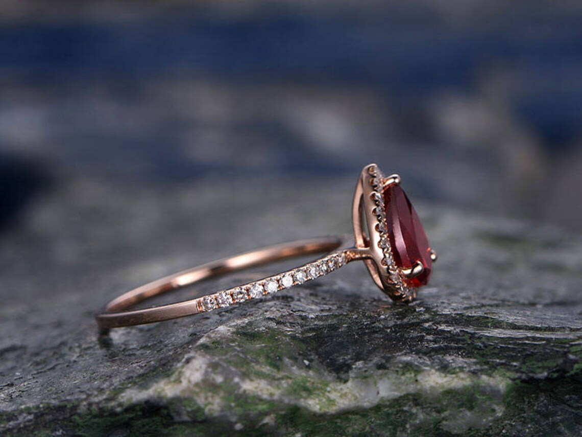 Garnet Engagement Ring-solid 14k Rose Gold-handmade Fine Halo Diamond ...