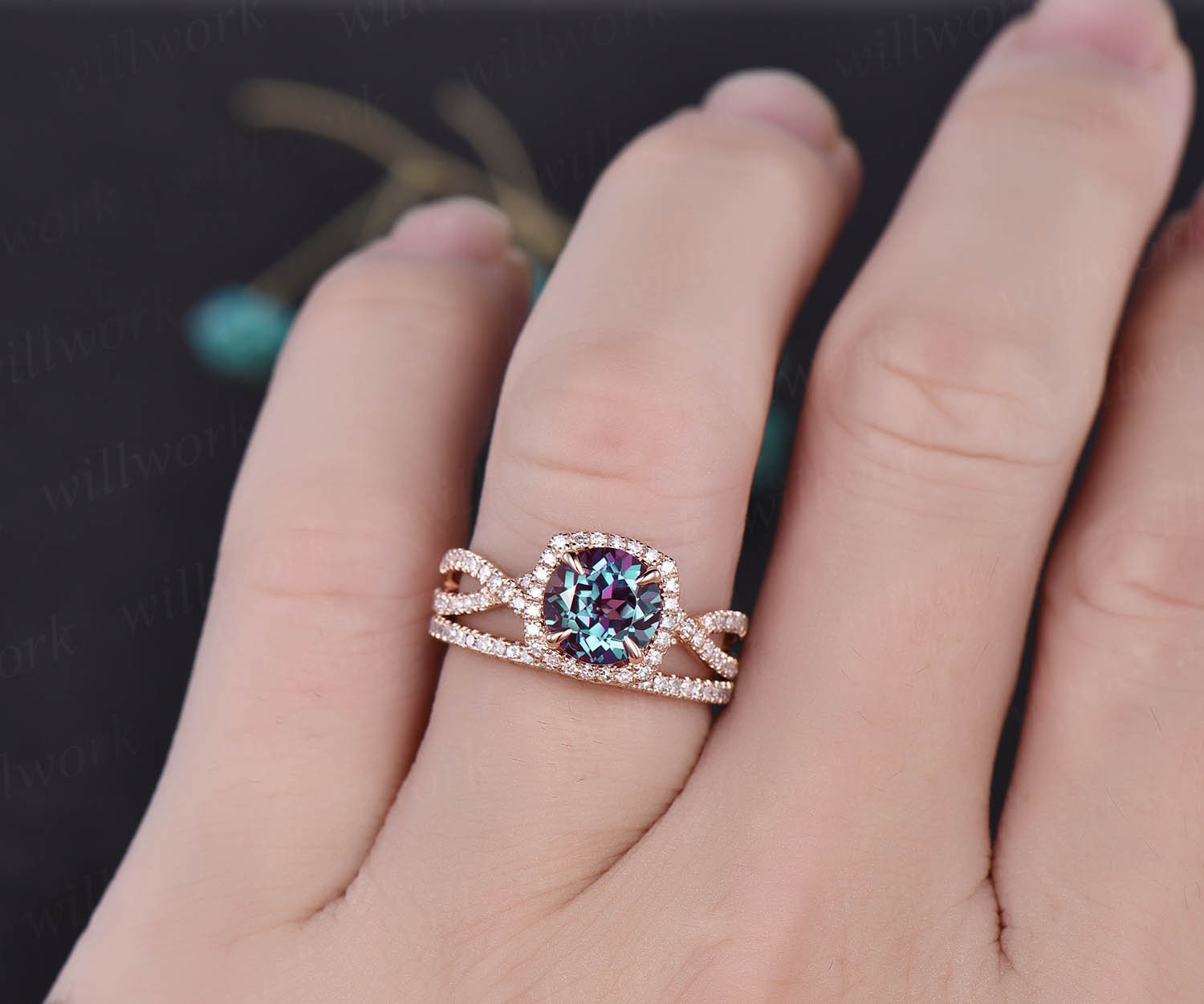 Unique Infinity Halo Engagement Ring 2pcs Round Alexandrite | Etsy