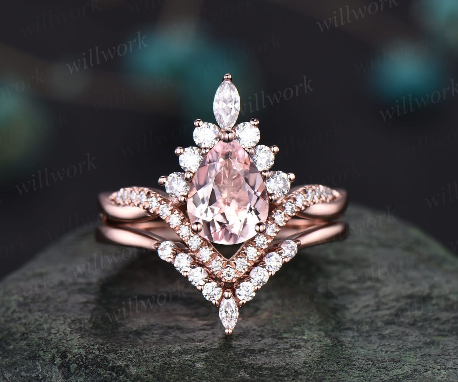 Morganite Ring Set Vintage Rose Gold Pear Shaped Pink - Etsy