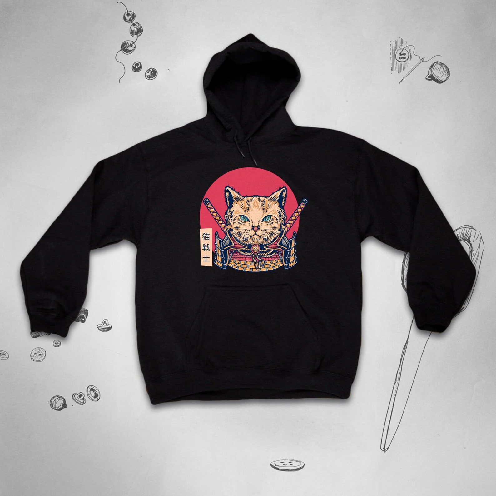 Cat Hoodie Trendy Graphic Design Japanese Cat Samurai Funny Cute Cool ...