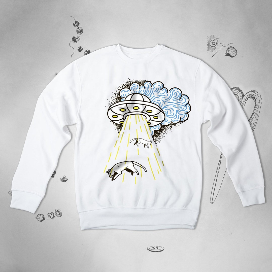 Cat Funny Alien Sweatshirt Kitten UFO Space Men Women Graphic ...