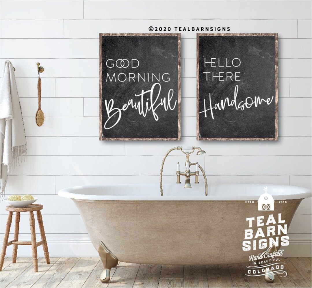 Good Morning BEAUTIFUL Hello There HANDSOME Sign Set Hand - Etsy