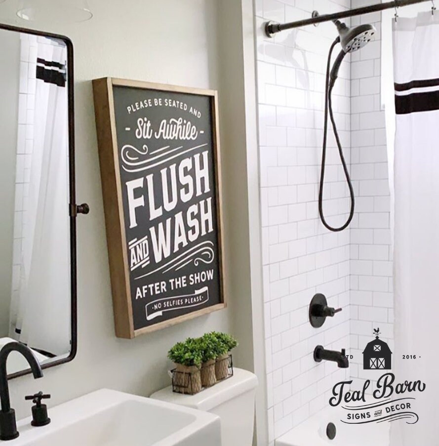 Flush and Wash Bathroom Sign Farmhouse Style Vintage | Etsy