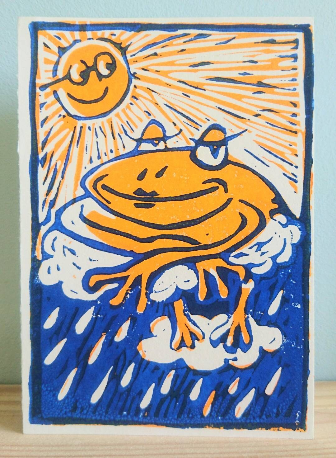 Art Print Card, Weatherman Two-tone Linocut Handmade, Folded, Signed ...