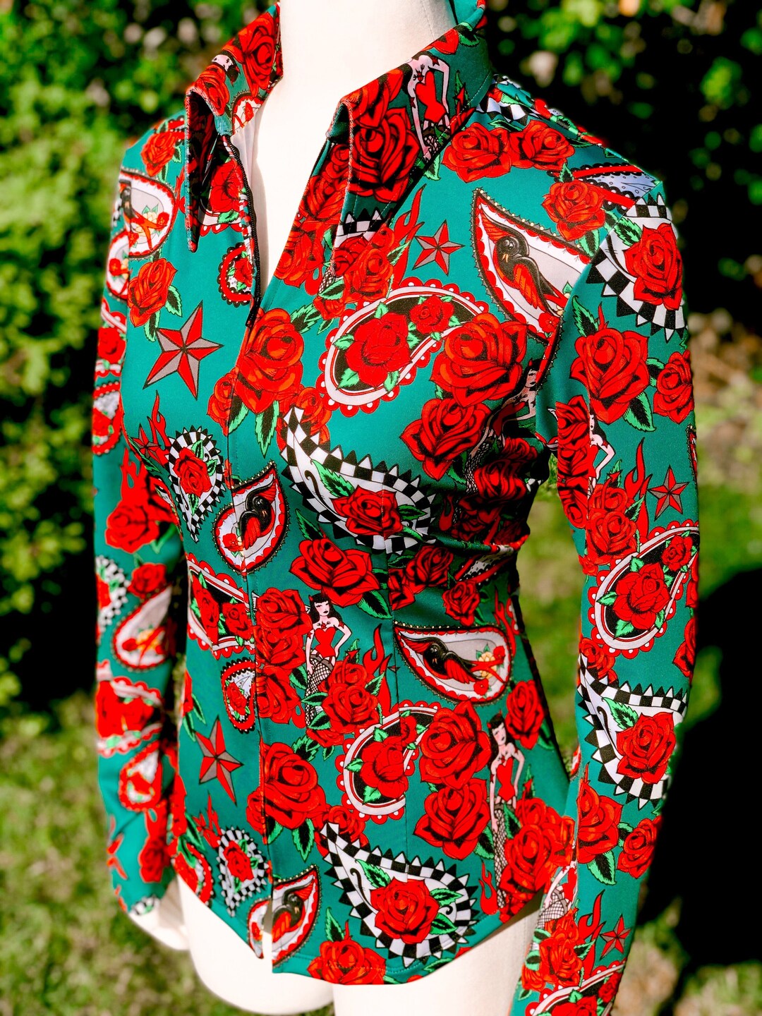 Lucky Devil in Teal/red Roses Ladies Riding Show Shirt Western Pleasure ...