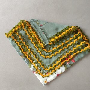 Vintage Green, Coton Eşarp, Geleneksel Türk Başörtüsü, Yellow Crochet Dantel, Eşarp, Never Used ...