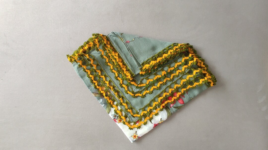 Vintage Green, Coton Eşarp, Geleneksel Türk Başörtüsü, Yellow Crochet Dantel, Eşarp, Never Used ...