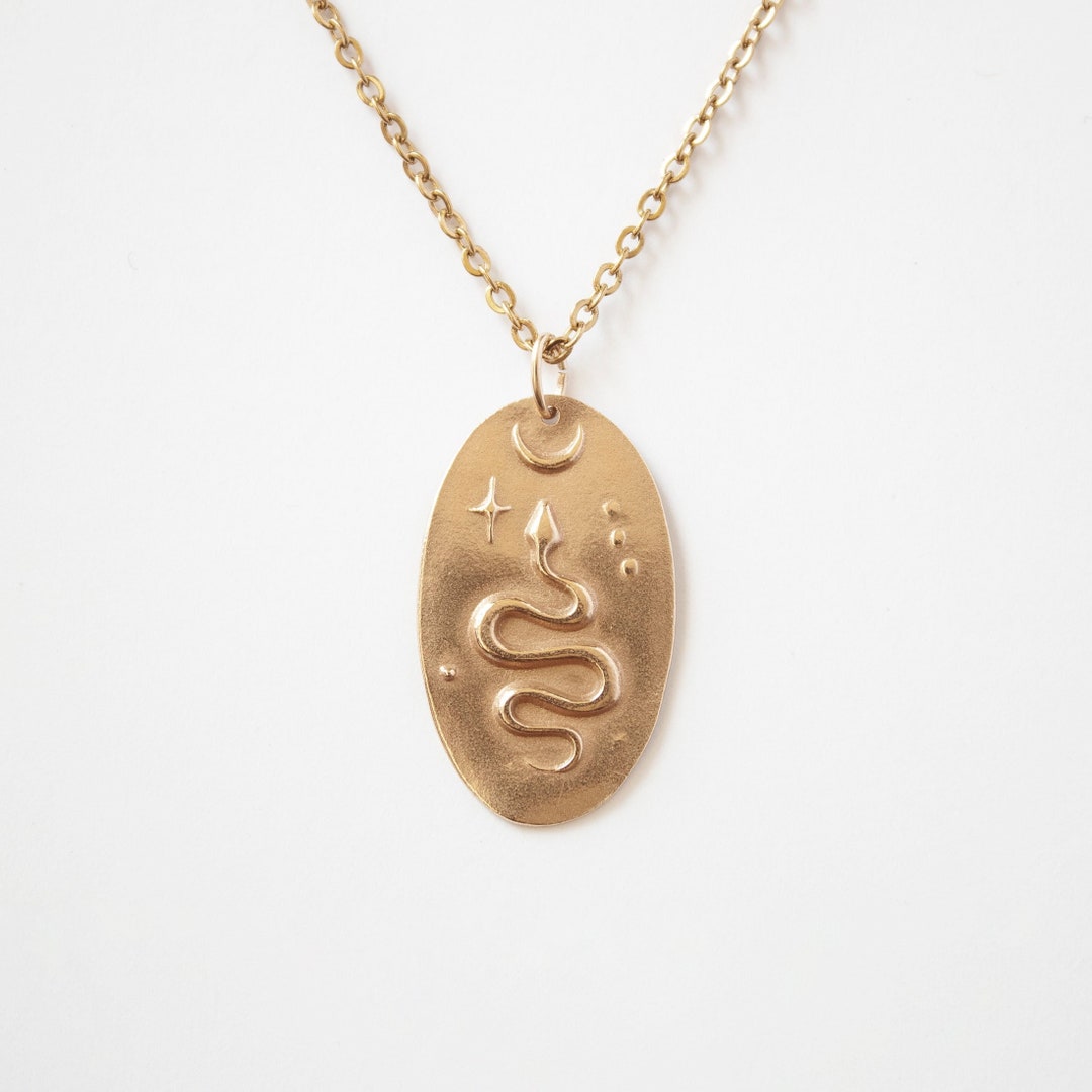Mystic Snake and Crescent Moon Bronze Pendant Serpent Necklace Layering ...