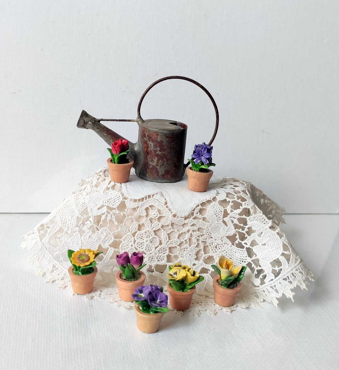 Miniature Flower Set of 7 Dollhouse Collection Watering Can Small ...