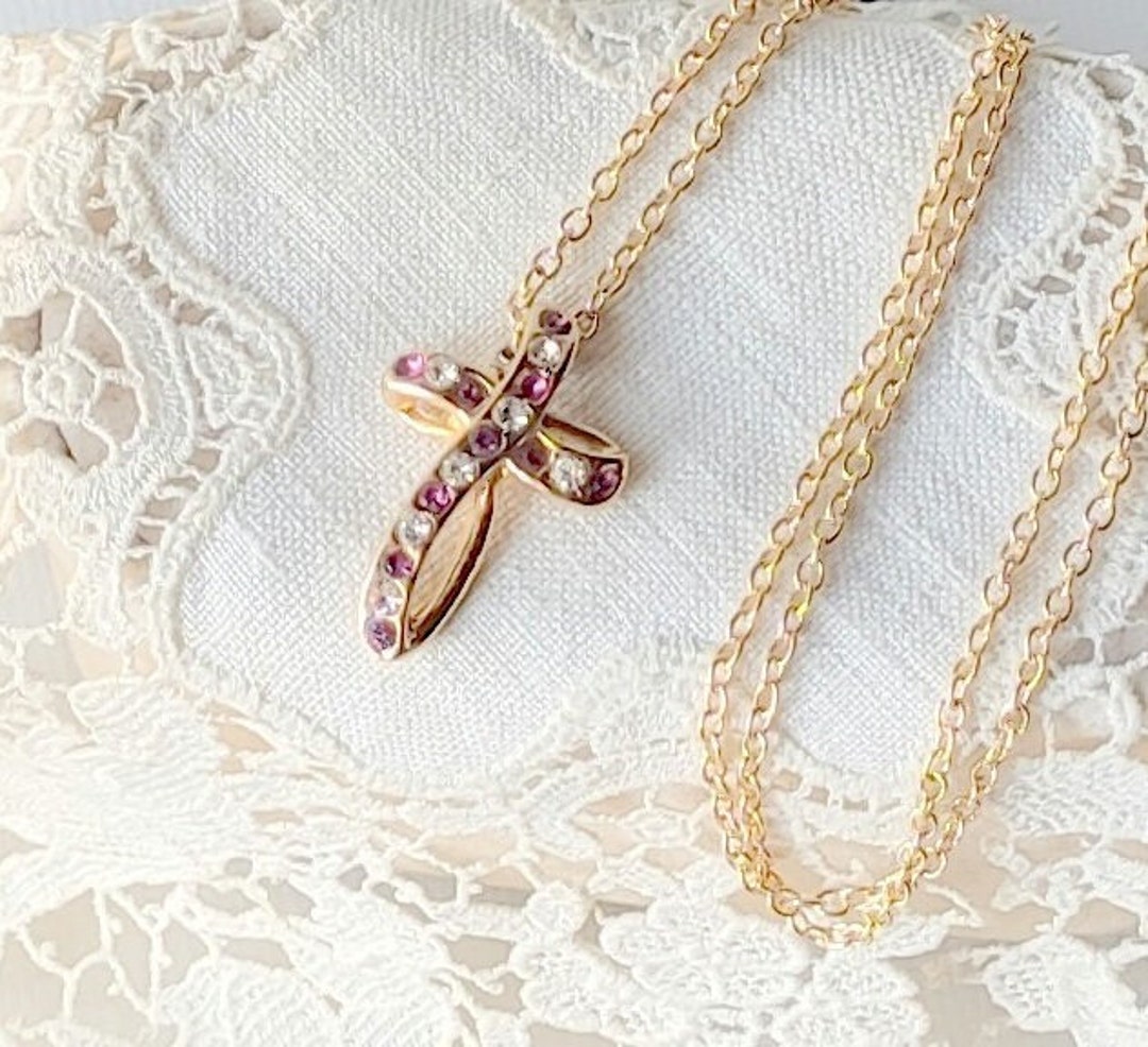 Gold Tone Cross Small Vintage Gold Cross Pendant 163 Chain Necklace Religious Cross Christian ...