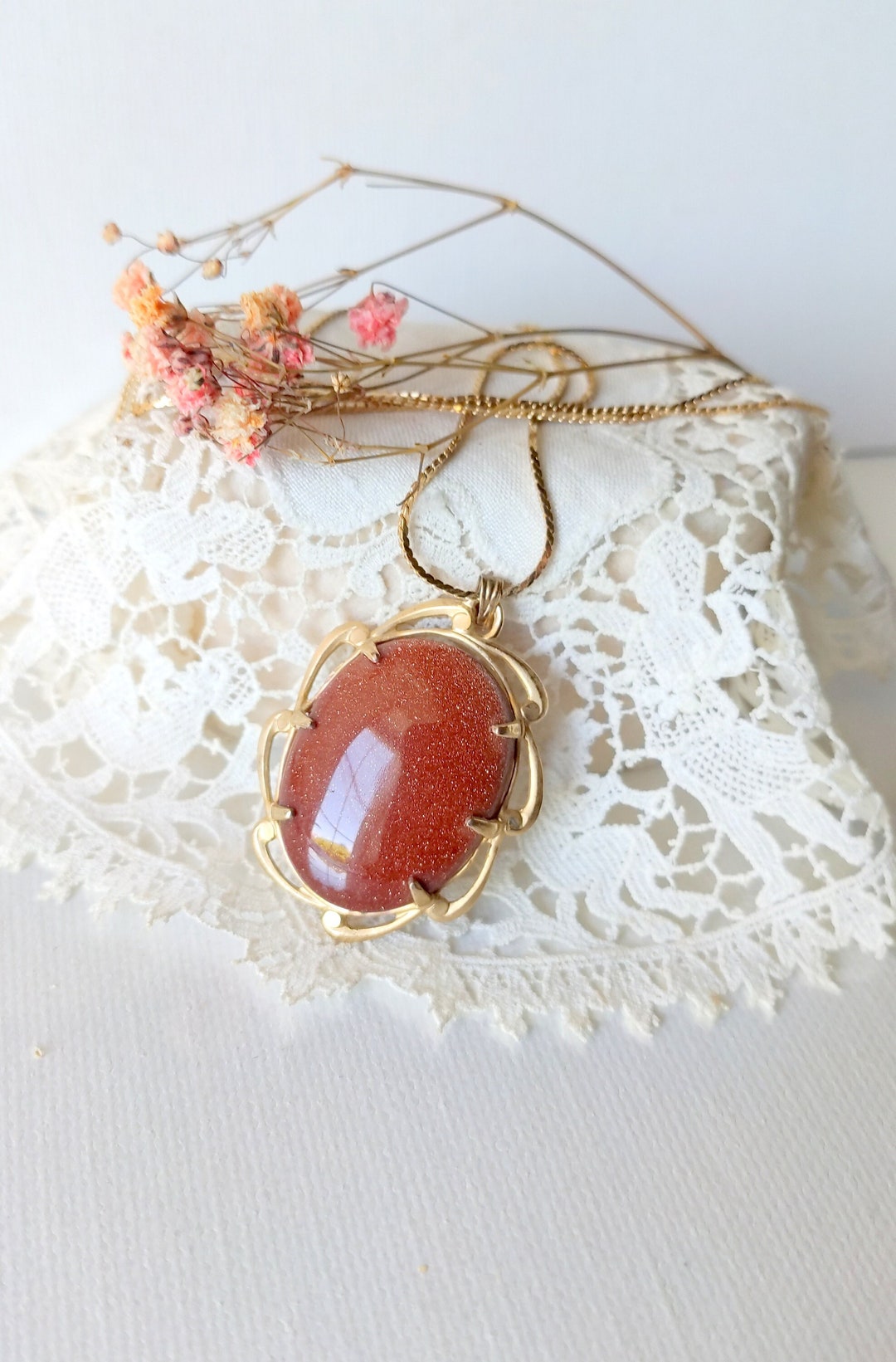 MONET Chain Goldstone Pendant 20" Necklace Vintage Goldstone Jewelry ...