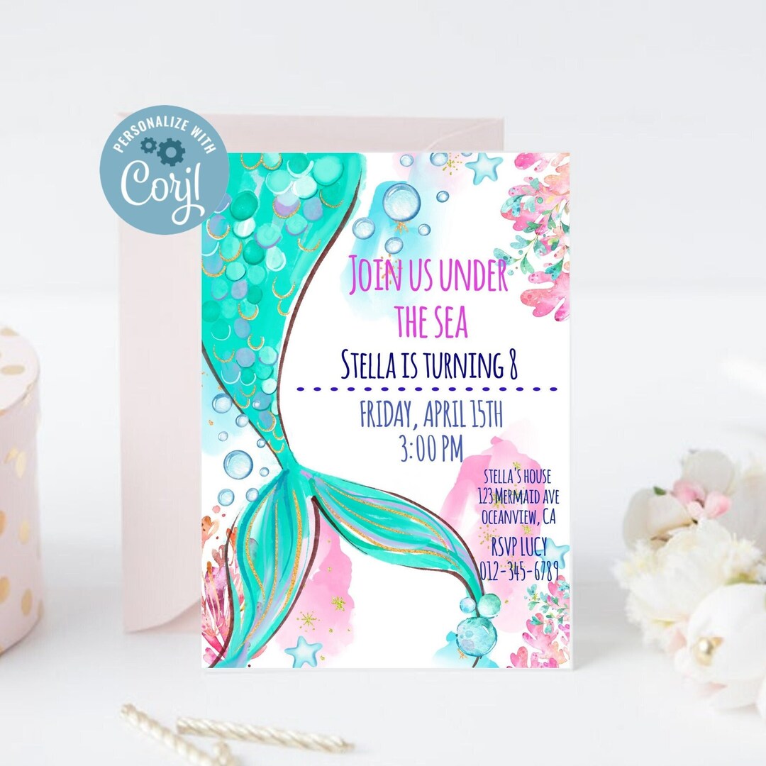 Editable Mermaid Watercolor Invitation | Girls Birthday Invitation ...