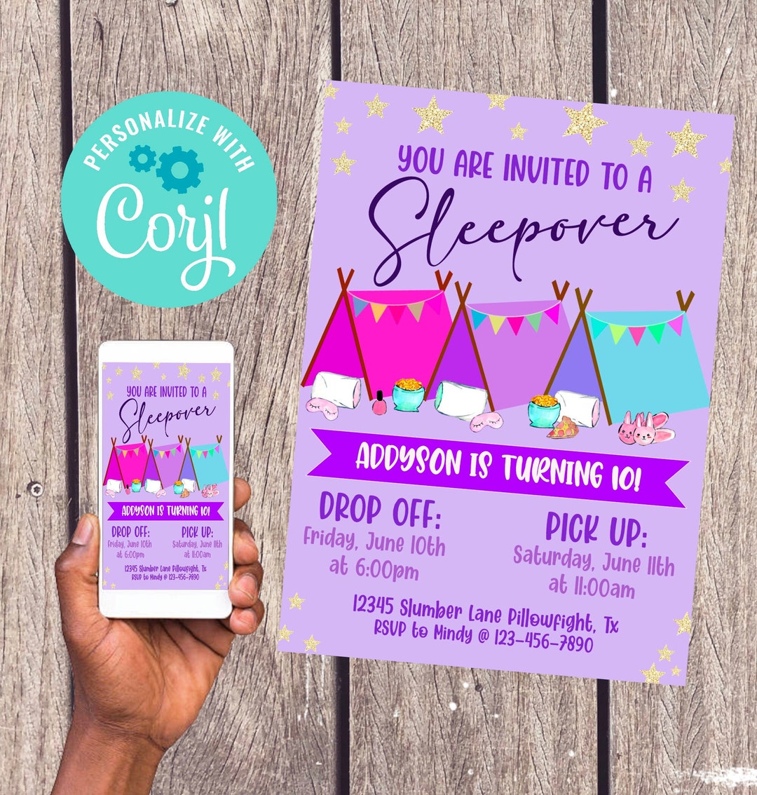 Editable Sleepover Birthday Party Invitation Teepee Slumber Party Tent