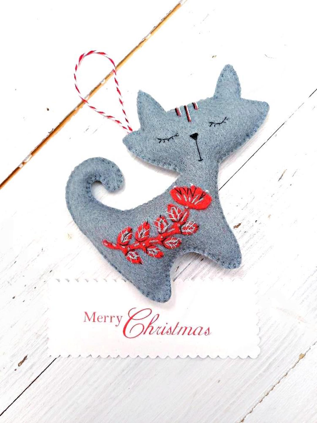 Felt Cat Decoration, Felt Christmas Ornament, Hand Embroidered Cat ...