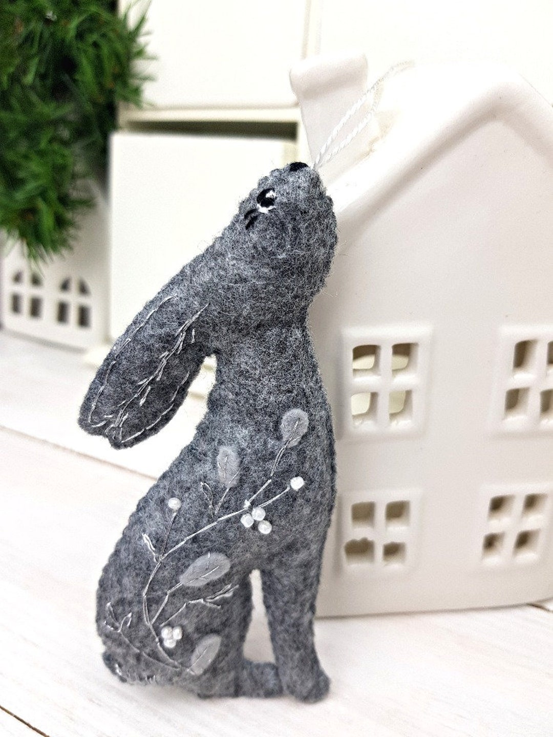 Moon Gazing Hare Felt Hanging Decoration, Winter Hare Ornament ...