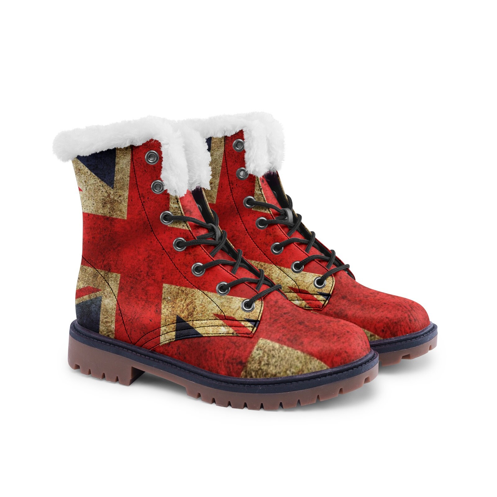 Vintage Union Jack Flag, Lace Up, Fur Lined, Unisex, Faux Leather ...
