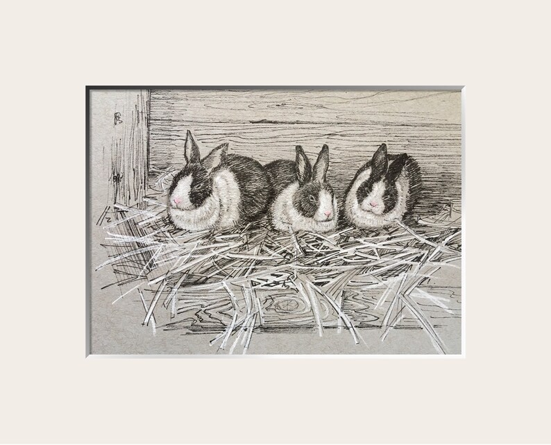MATTED ORIGINAL Art/bunny Rabbit Drawing in Pen and Ink W/white Colored ...