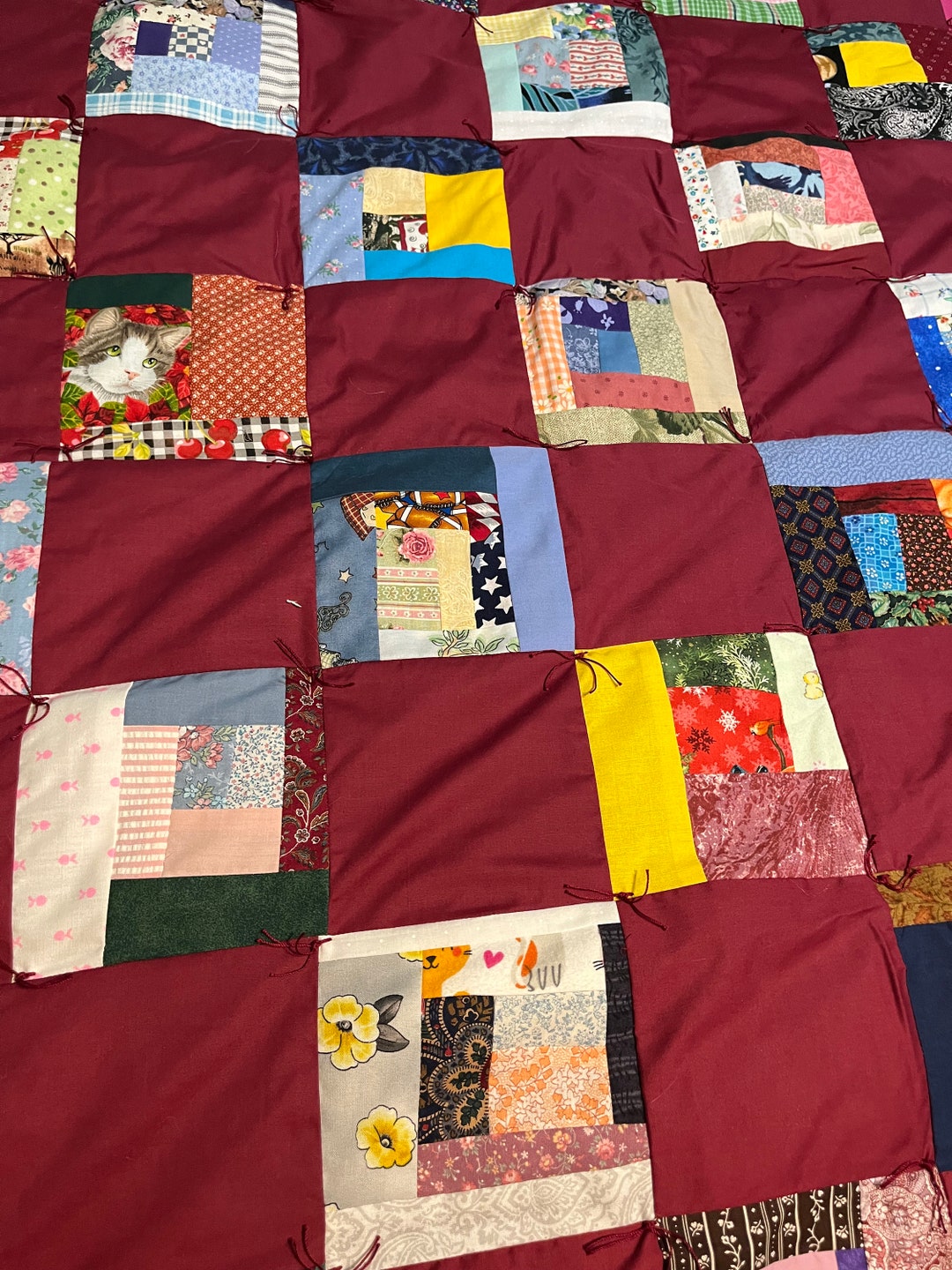 Maroon Patchwork Quilt, Farmhouse Decor, Home Decor, Quilt, Blanket ...