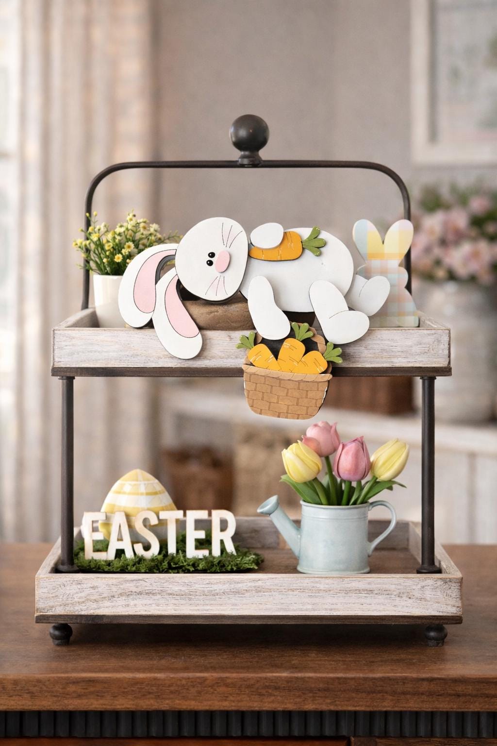 Handpainted Wooden Bunny Shelf Sitter | Carrot Basket Easter Decor - Etsy