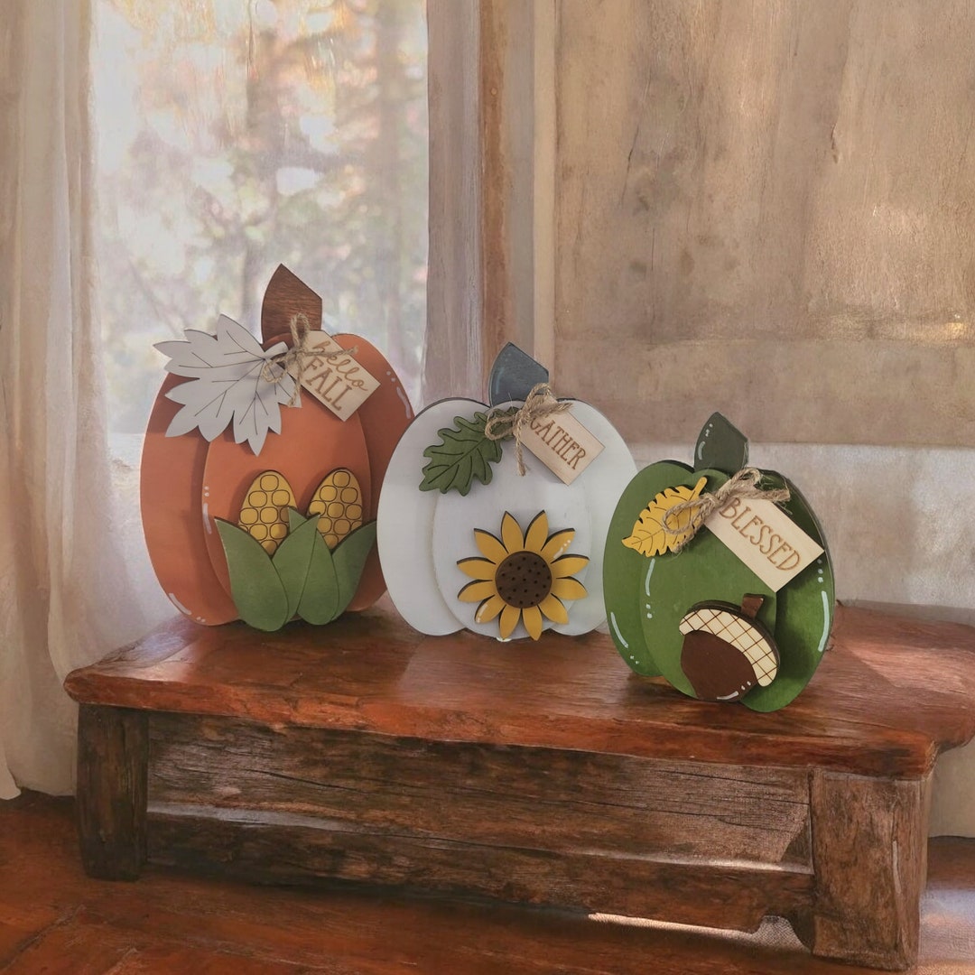 Laser Cut Wooden Pumpkins Fall Shelf Sitter Decoration set of 3, Fall ...