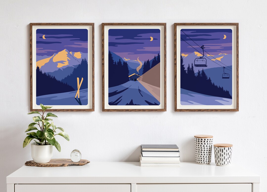 Set of 3 Sunset Ski Posters, Decor Art Print, Ski Gifts , Ski Travel ...