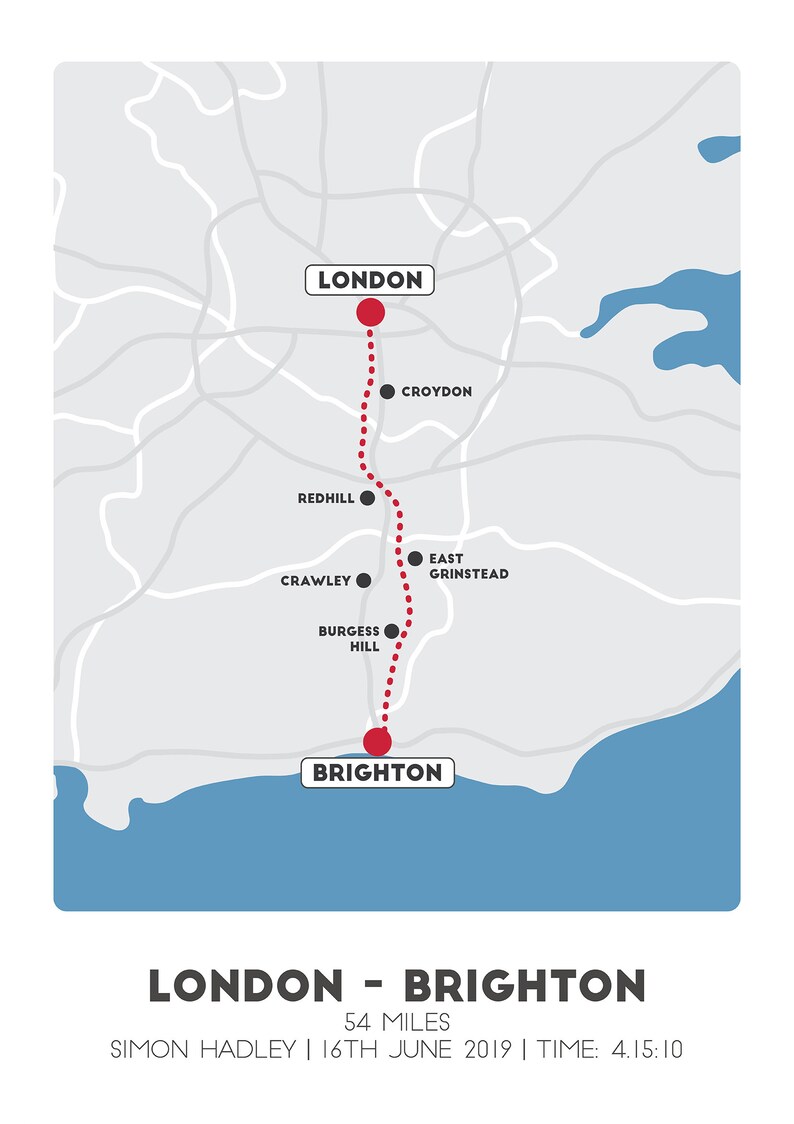 London to Brighton Bike Ride Map Cycling Print - Etsy