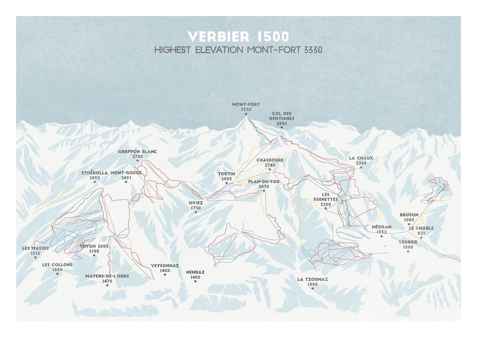 Verbier Ski Piste Map 4 Valleys Ski Map Switzerland Ski | Etsy