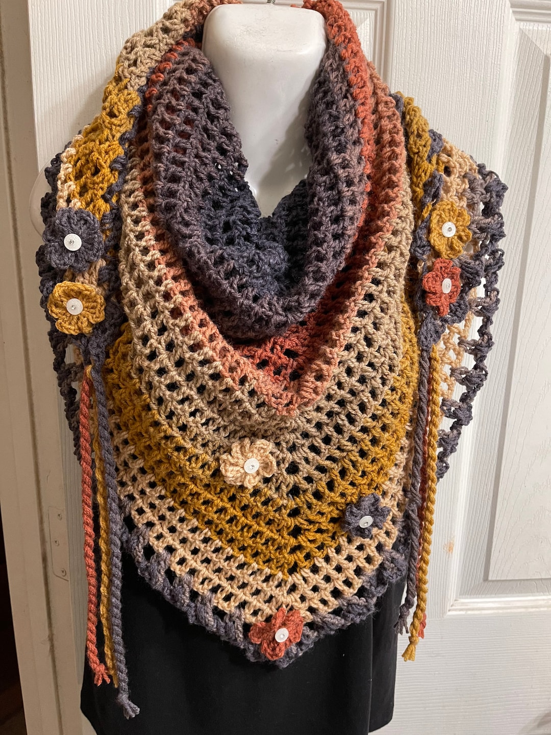 Triangle Wrap-around Scarf in Beautiful Fall Colors. Embellished With ...