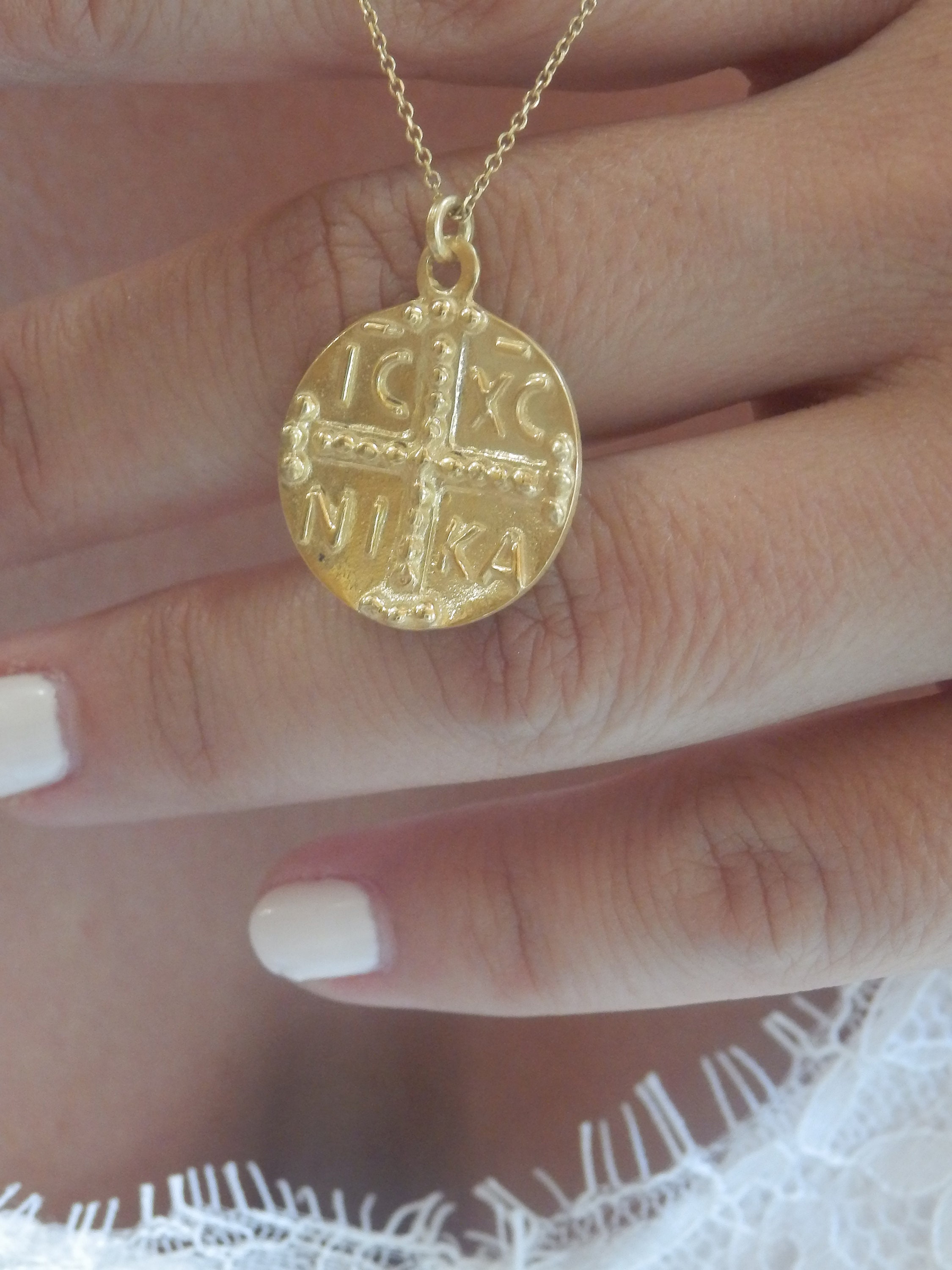 Gold Coin Necklace, Greek Christian Coin ΙϹΧϹ ΝΙΚΑ Pendant, Sterling ...