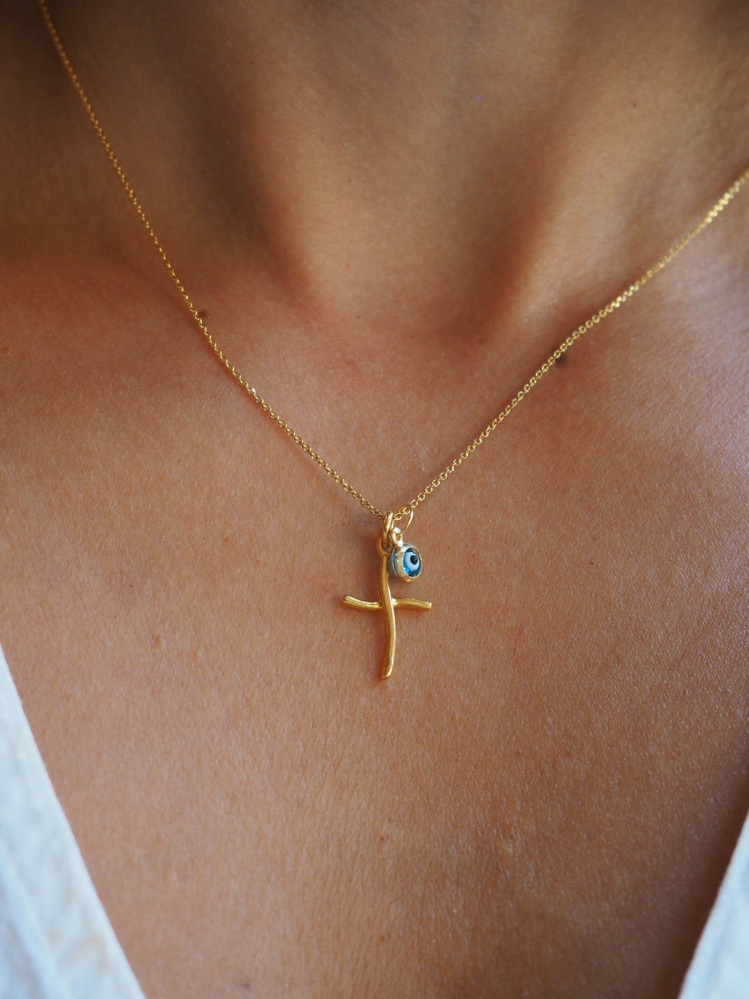 Greek Evil Eye Cross Necklace, Gold Sterling Silver Cross With Evil Eye ...