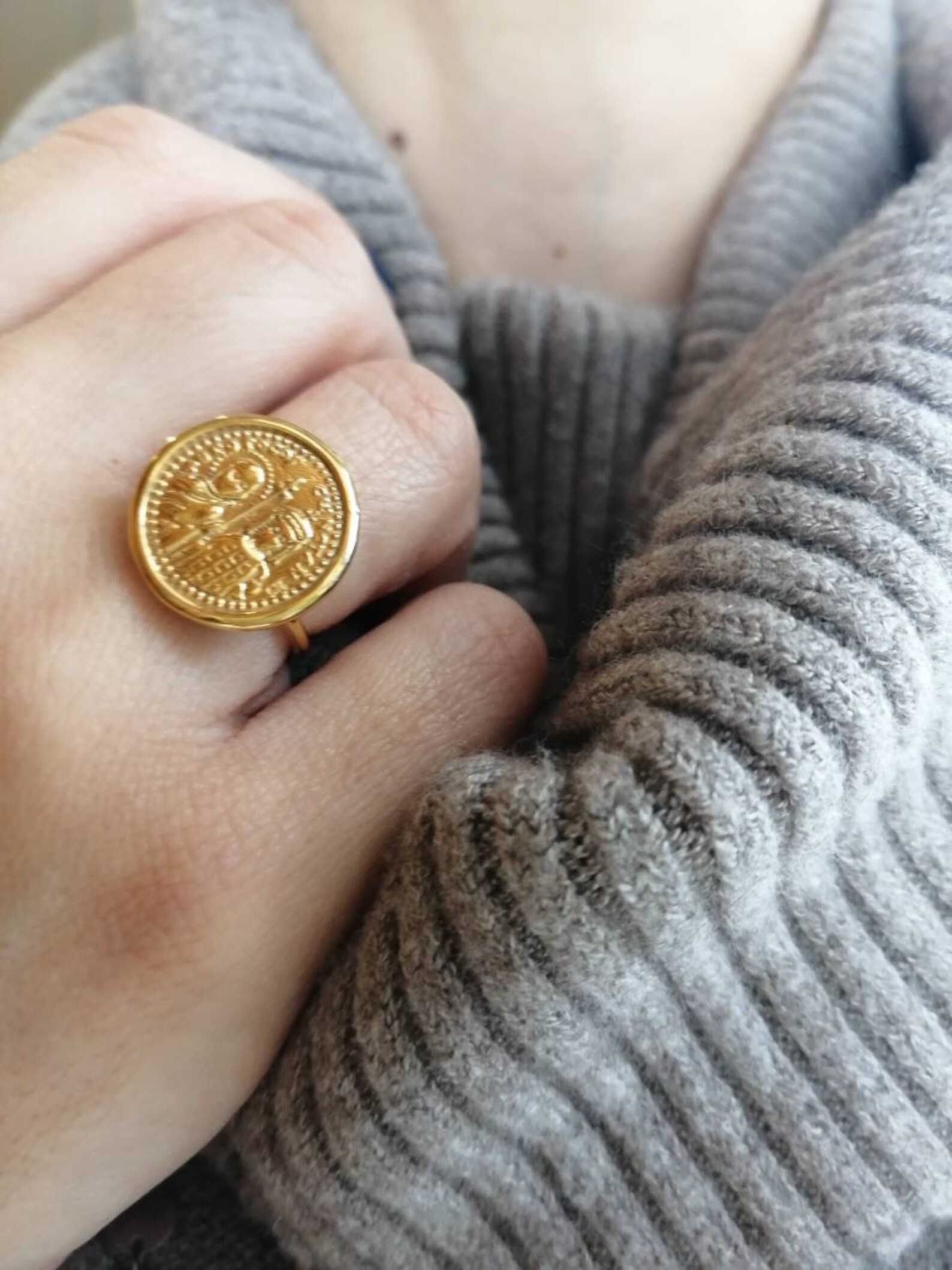 Greek Coin Adjustable Gold Ring, Greek Constantine Ring, Vintage Signet ...