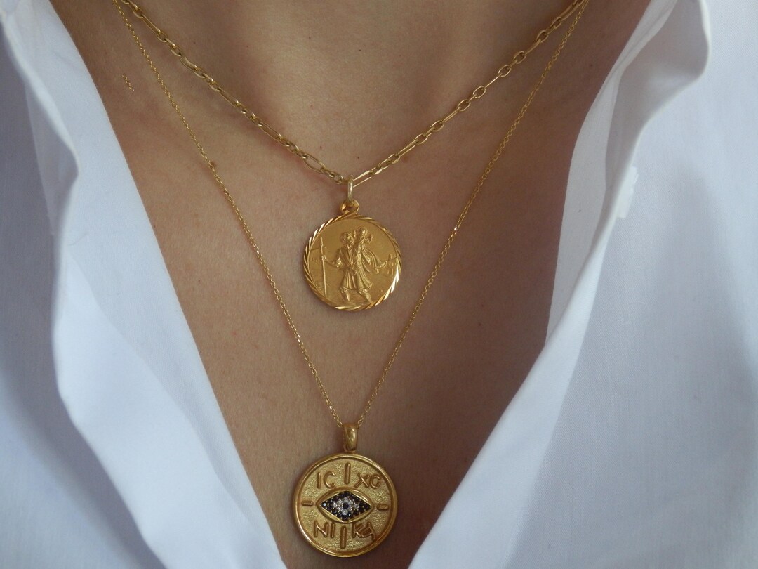 Greek Evil Eye Protection Necklace, Gold Medallion Greek Pendant, Gold ...