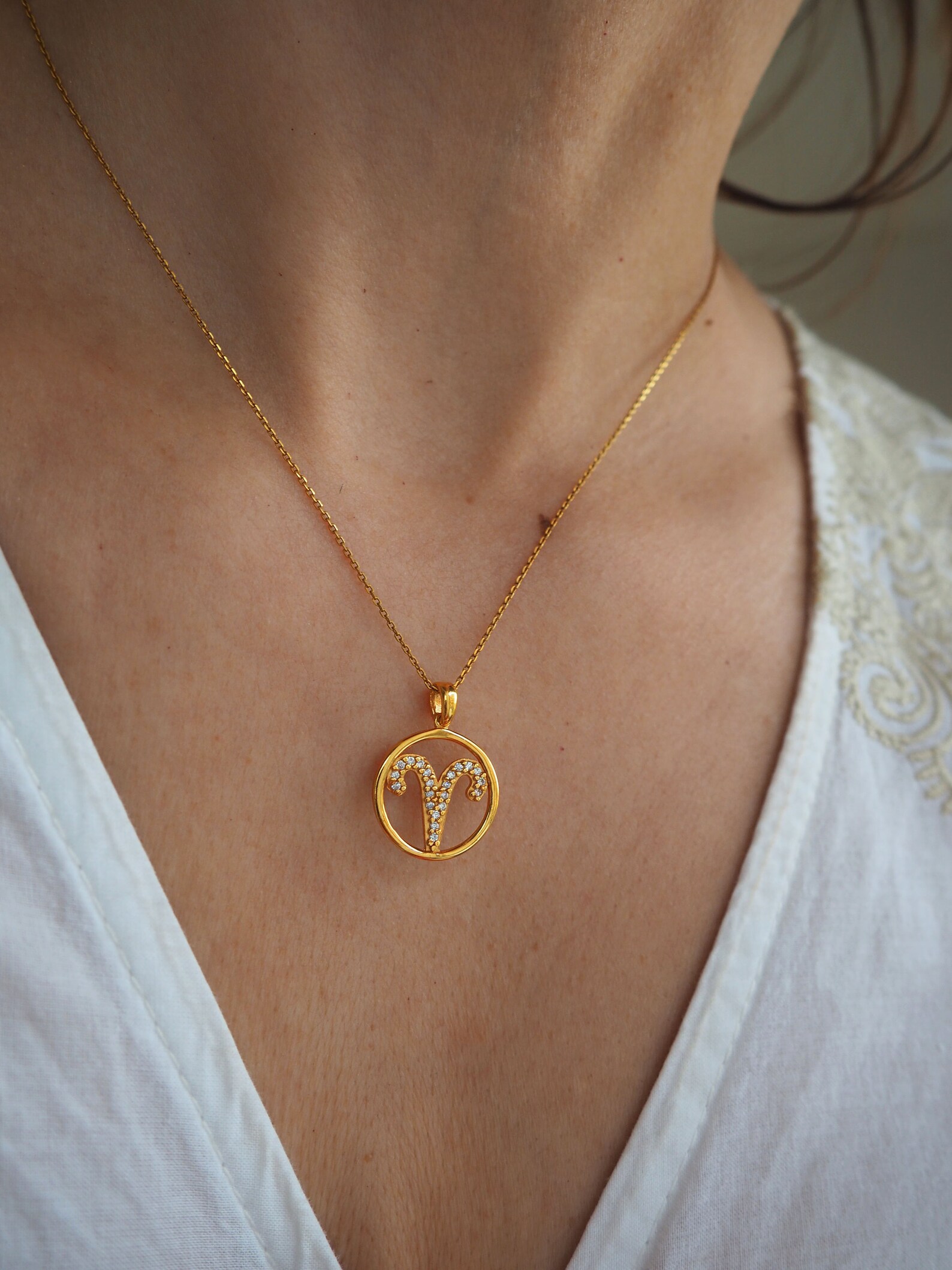 Aries gold necklace Gold Zodiac Necklace with CZ Celestian | Etsy