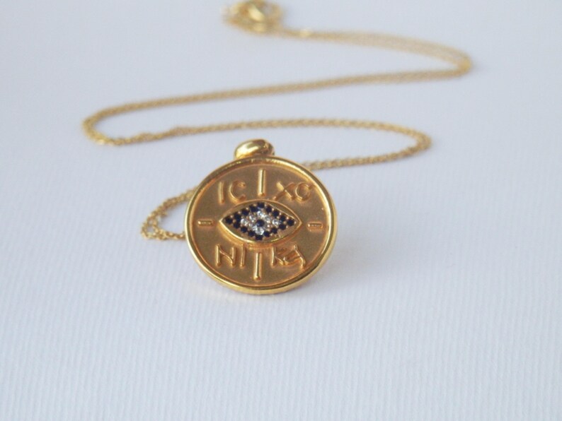 Greek evil eye protection necklace Gold medallion greek | Etsy