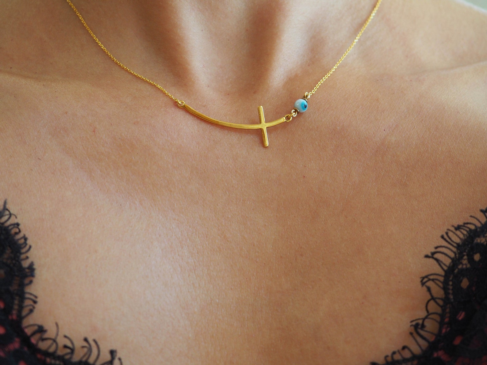 Greek Evil Eye Cross Necklace Sideways Evil Eye Cross - Etsy