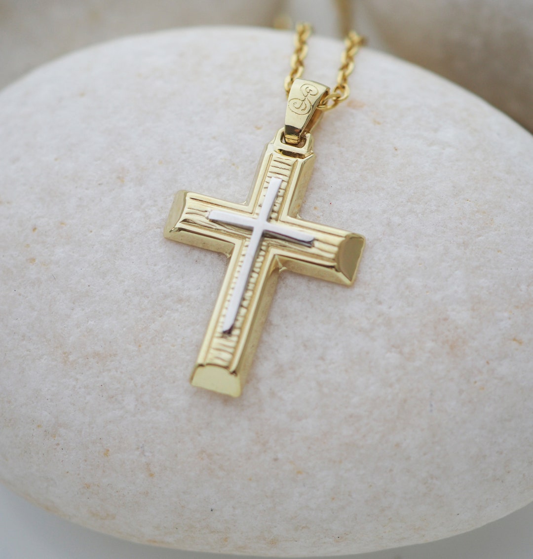 14K Solid Gold Cross Necklace, Baptism Gift Boy Cross, 14K Gold ...