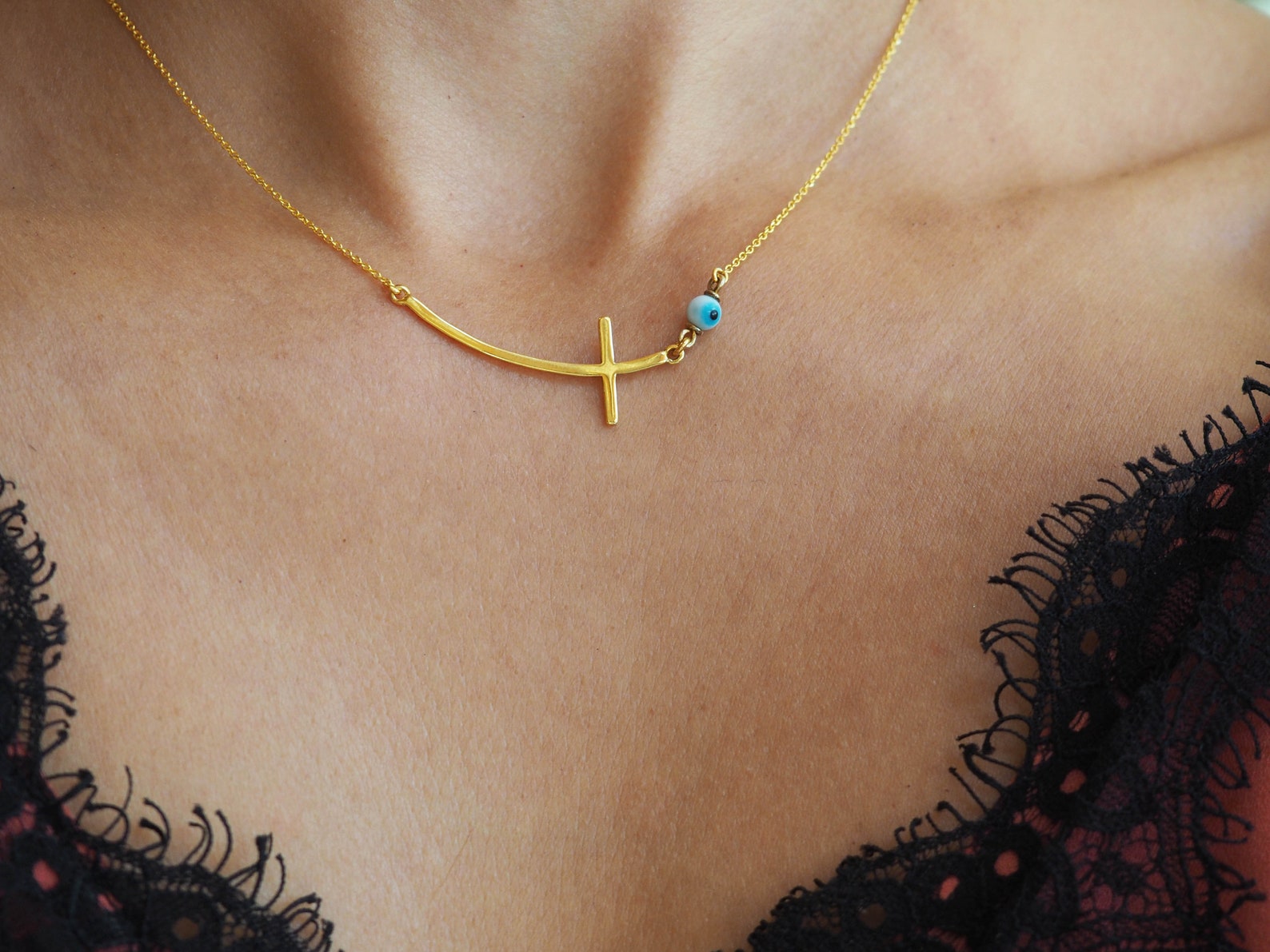Greek Evil Eye Cross Necklace Sideways Evil Eye Cross - Etsy
