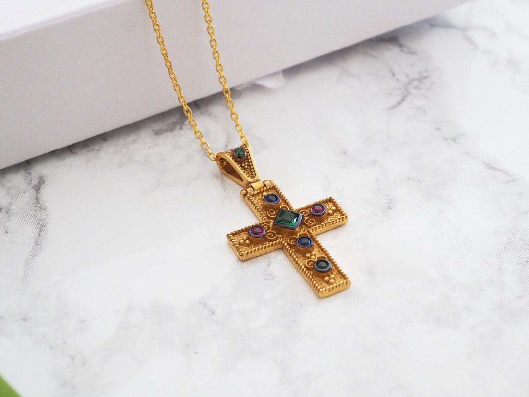 Gold Orthodox Byzantine Cros With Ruby Emerald Sapphire, Ancient Greek ...