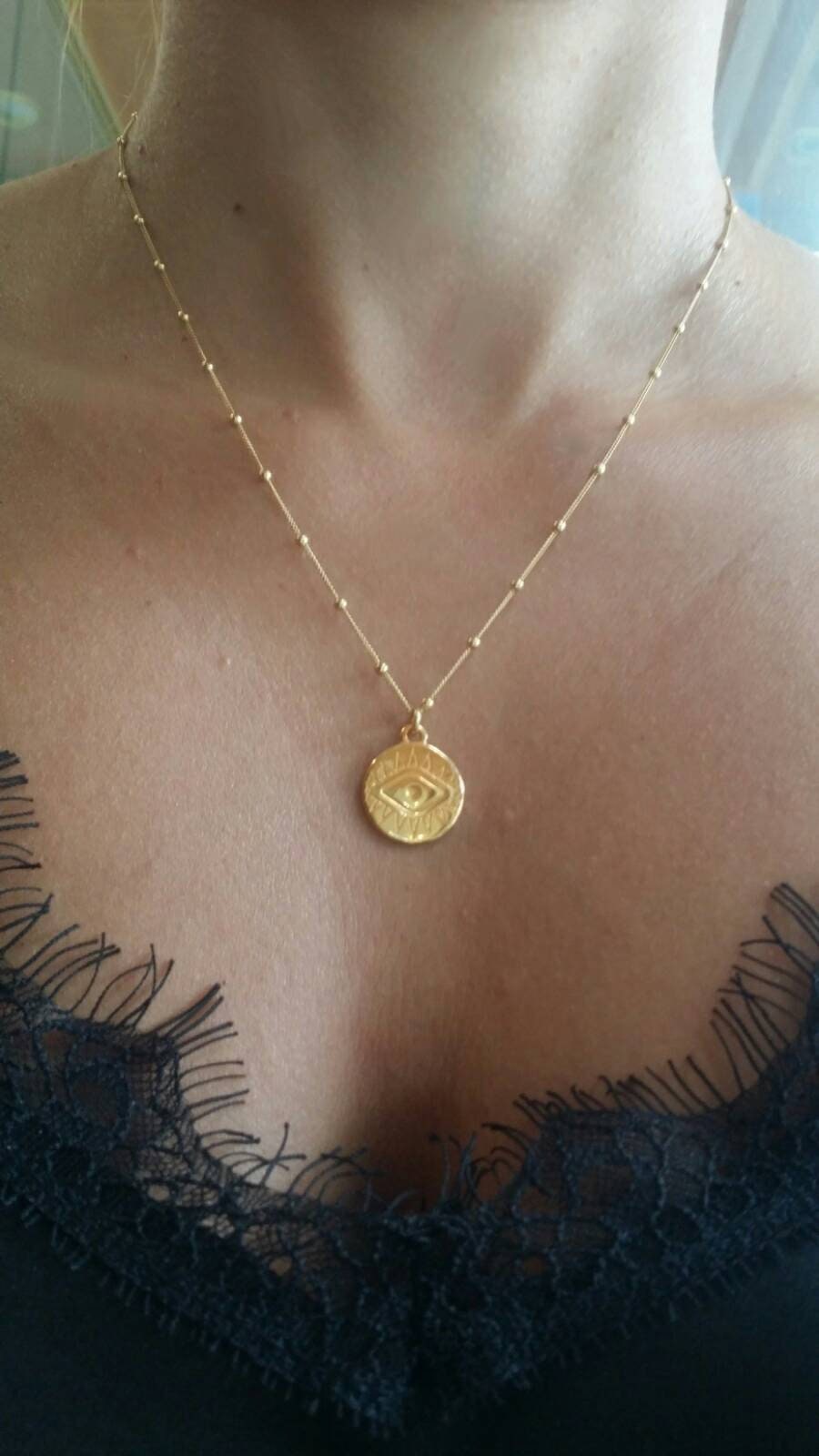Evil eye gold coin necklace Evil eye minimalist Necklace | Etsy