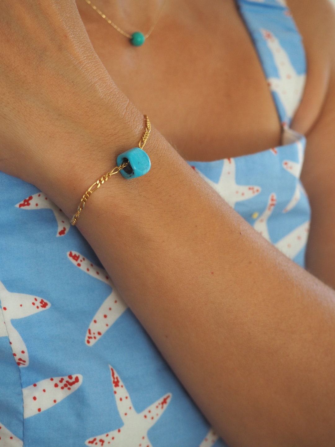 Turquoise Square Glass Bead Bracelet for Woman, Cube Turquoise Jewelry ...