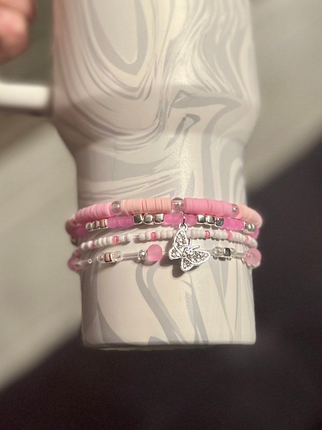 Pink Butterfly Stanley Bracelet Stack Bracelet Set Bead Bracelets ...