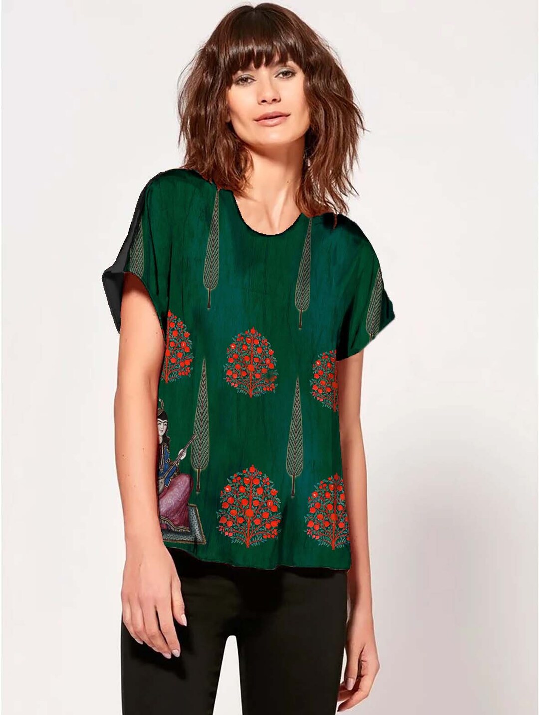 Cedar Top Pomegranate Treepersian Blouse Short Sleeves Round Neck Silk ...