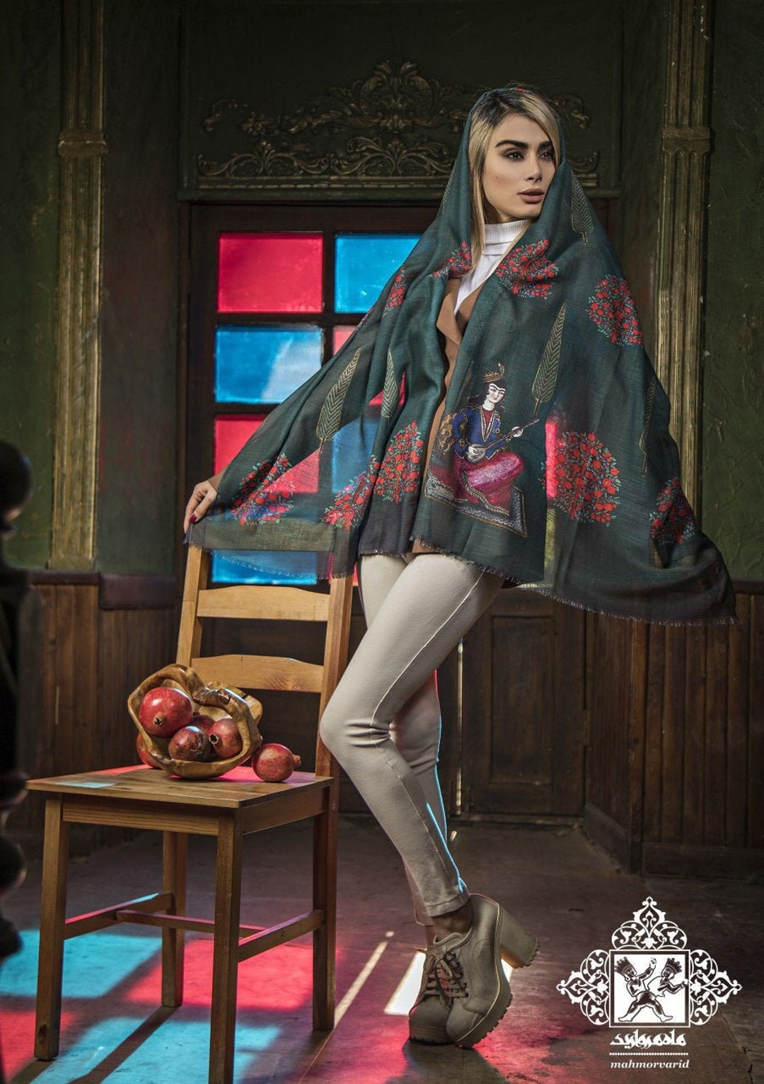 Green Yalda Shawl Persian Qajar With Qajar Women Musician Figures Shawl ...