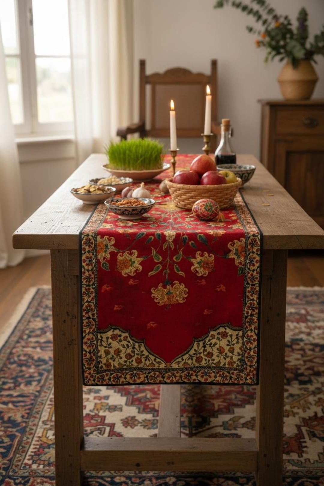 Persian Carpet Velvet Table Runner — Red Haft Seen Sofreh 7 Seen Decor ...