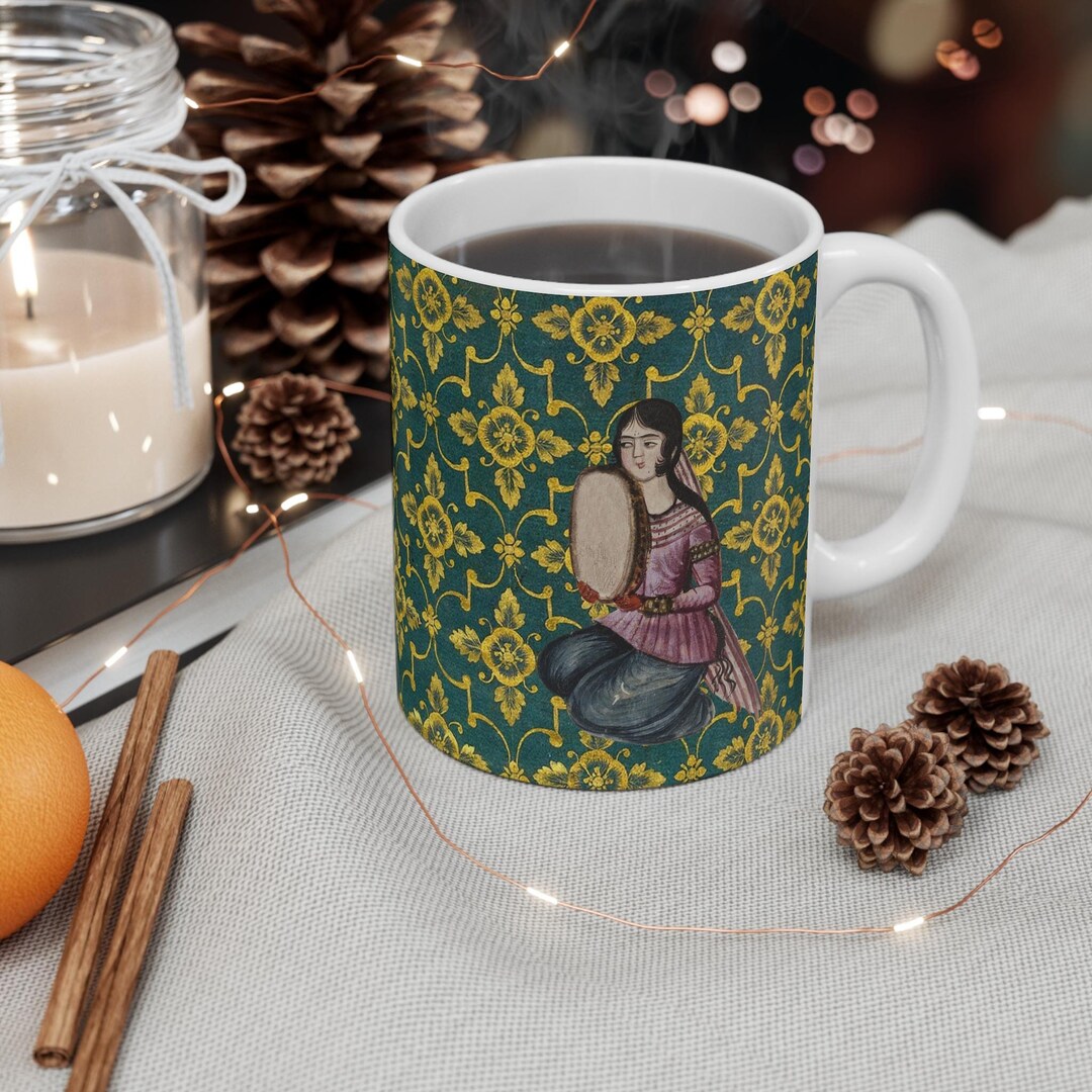 Qajar Musician Lady Playing Daf Mug – Persian Tile Art Background, 11oz ...