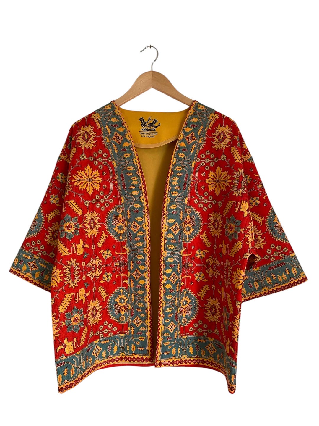 Red and Gold Persian Carpet Pattern Coat, Yellow Lining, Crepe Fabric ...