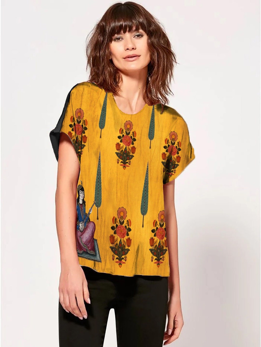 Cedar Top Persian Blouse Short Sleeves Round Neck Silk Tee Middle ...