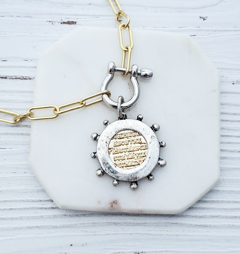 Large Gold Coin Pendant Necklace, Silver Shackle Carabiner, French Coin ...