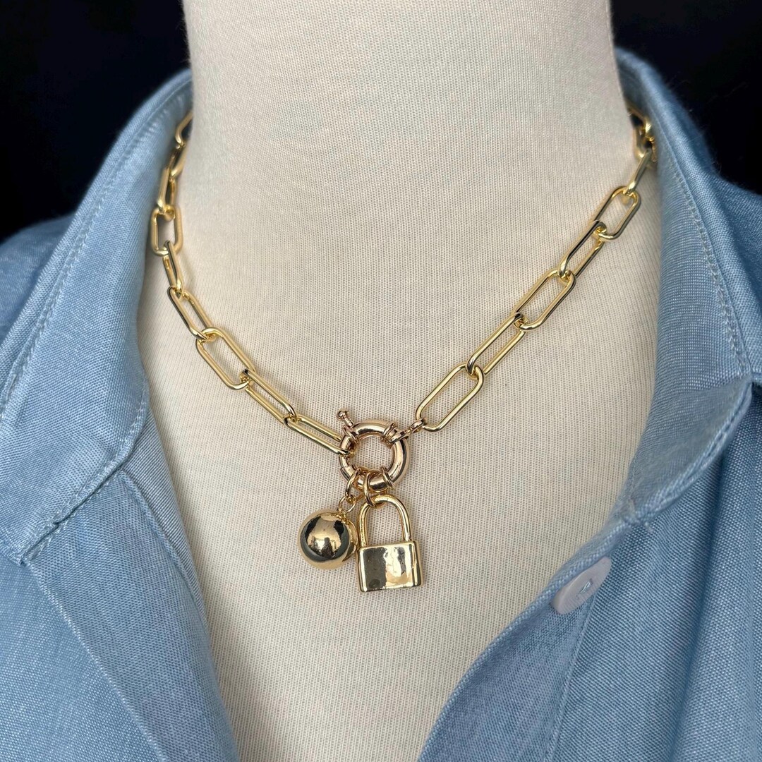 Gold Paperclip Chain Necklace: Ball & Lock Charms, Minimalist Layering ...