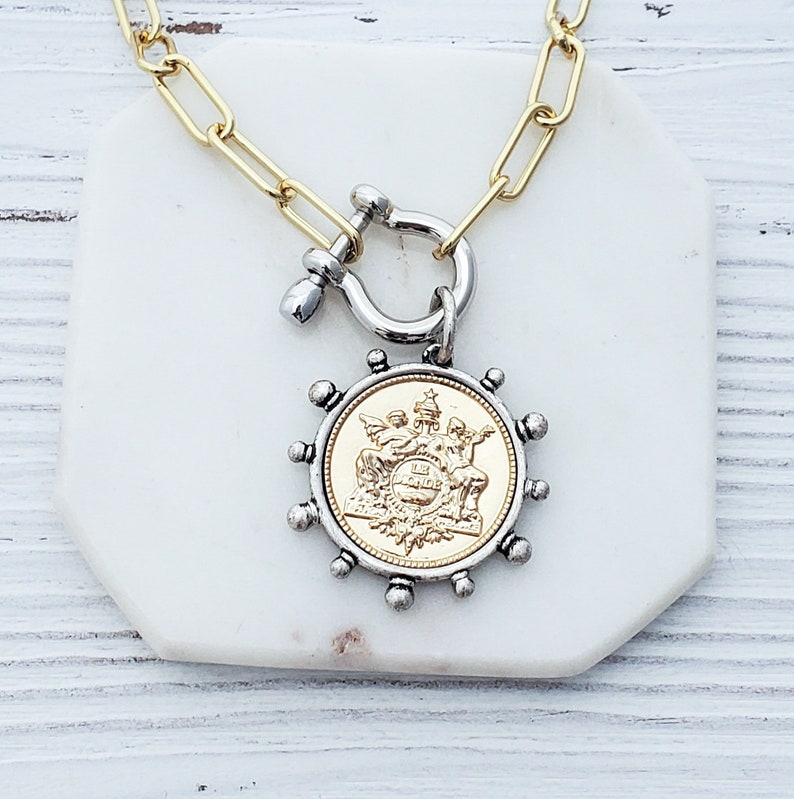 Large Gold Coin Pendant Necklace, Silver Shackle Carabiner, French Coin ...
